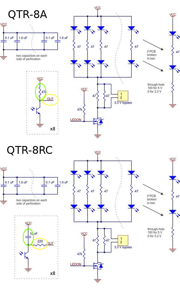 Pololu QTR-8RC vs QTR-8A sensor array